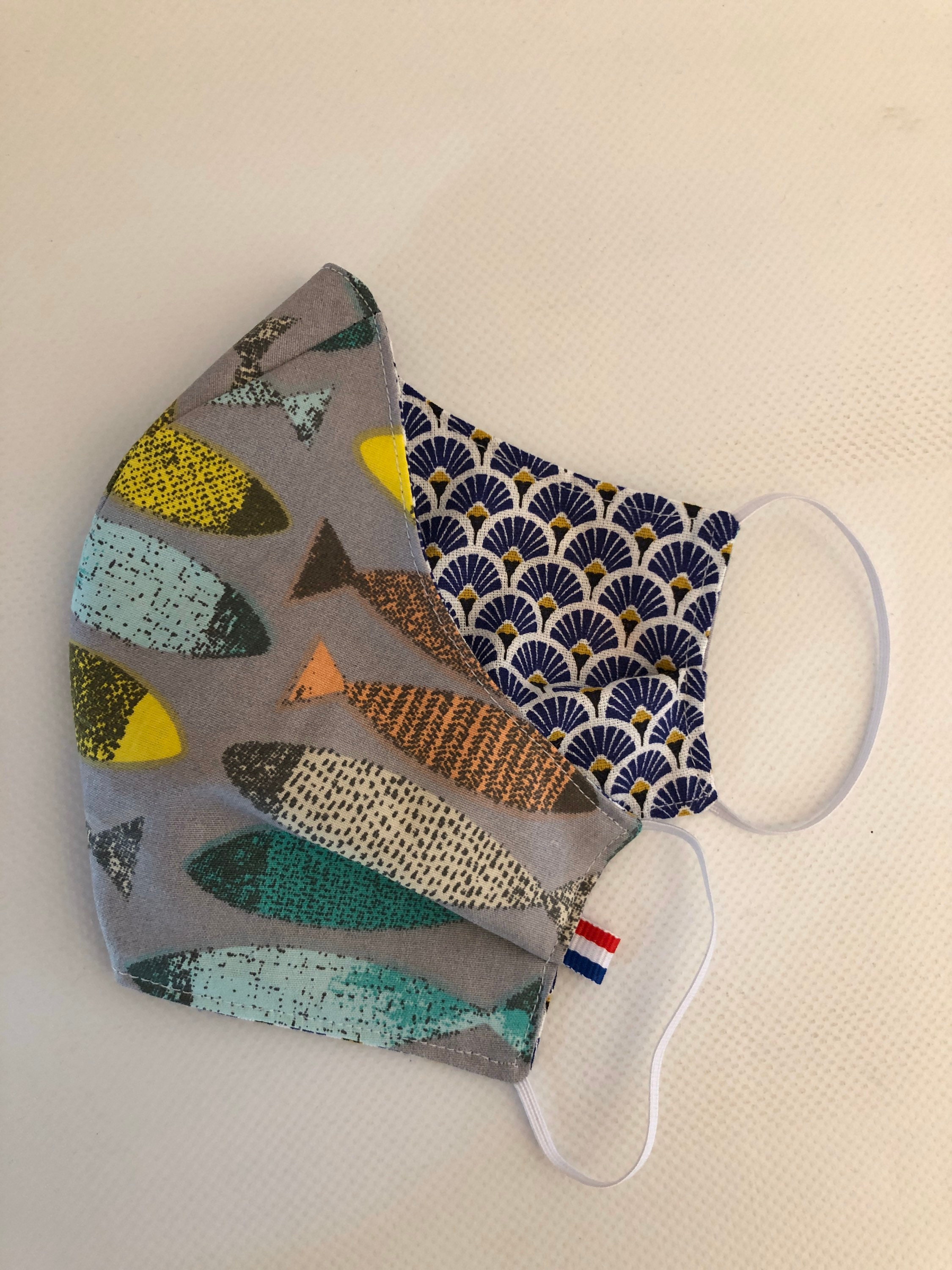 Washable, Reversible Cotton Face Mask Fish and blue