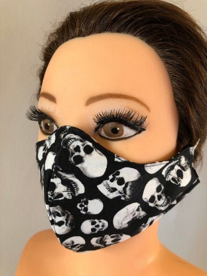 Washable, Reversible Cotton Face Mask Skulls and plain black