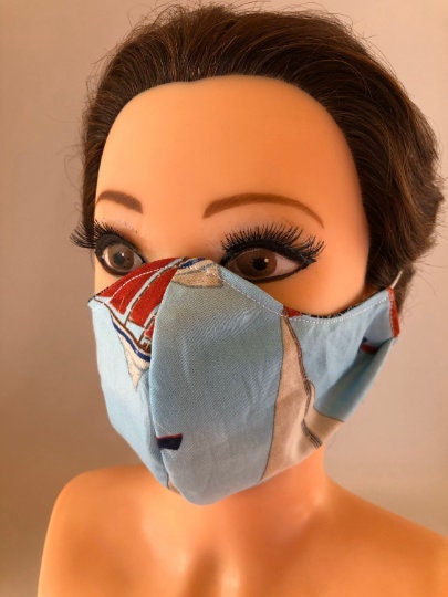 Washable, Reversible Cotton Face Mask Blue geometric and sailing boats