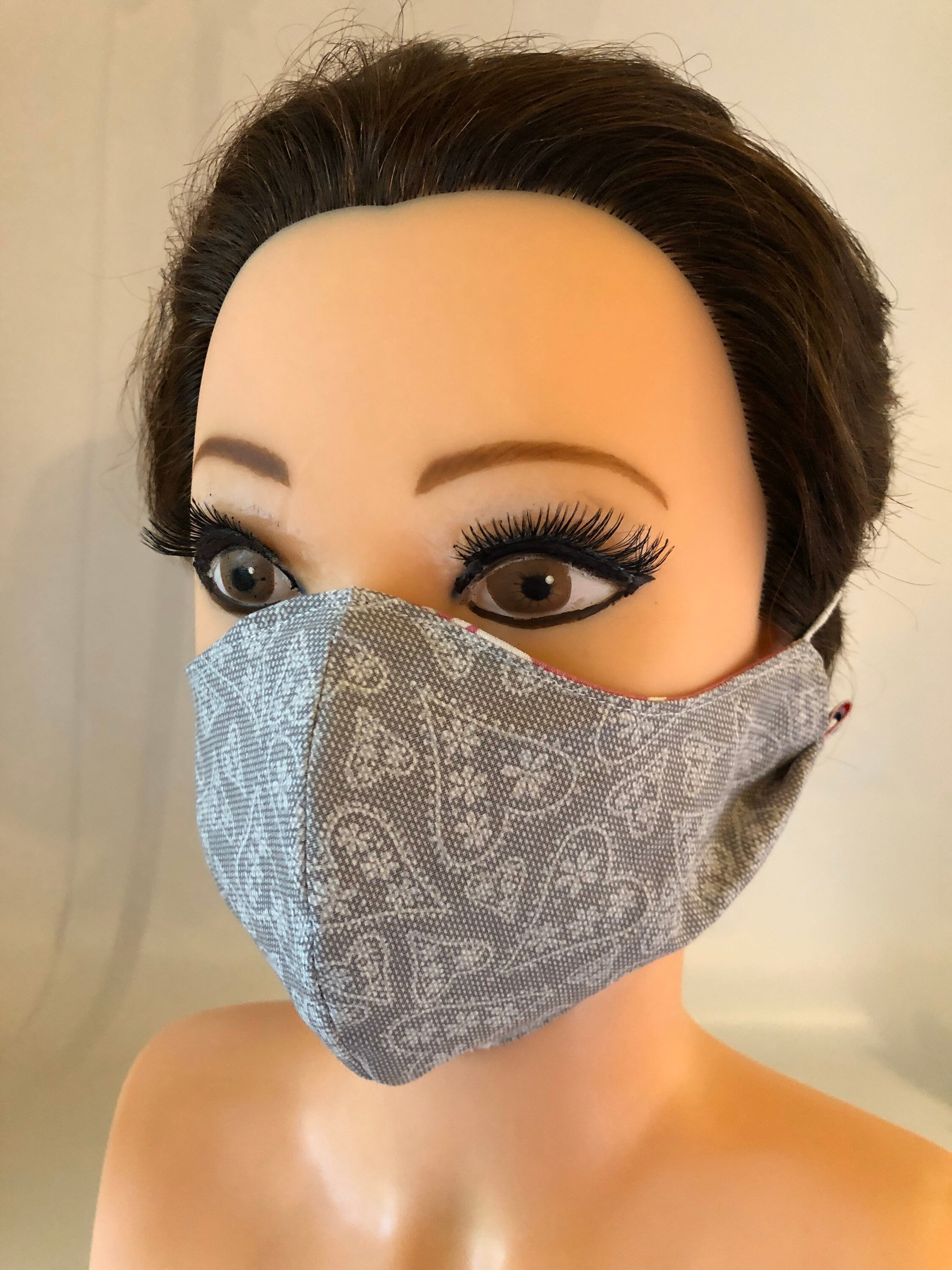 Washable, Reversible Cotton Face Mask Pink swans grey hearts