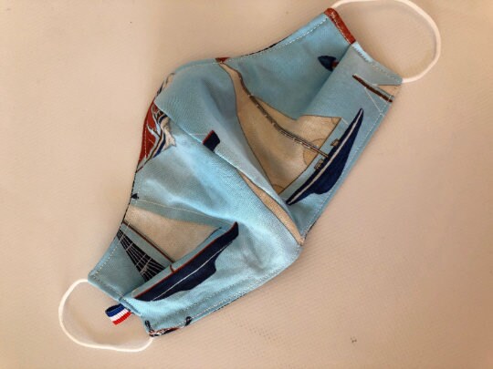 Washable, Reversible Cotton Face Mask Blue geometric and sailing boats