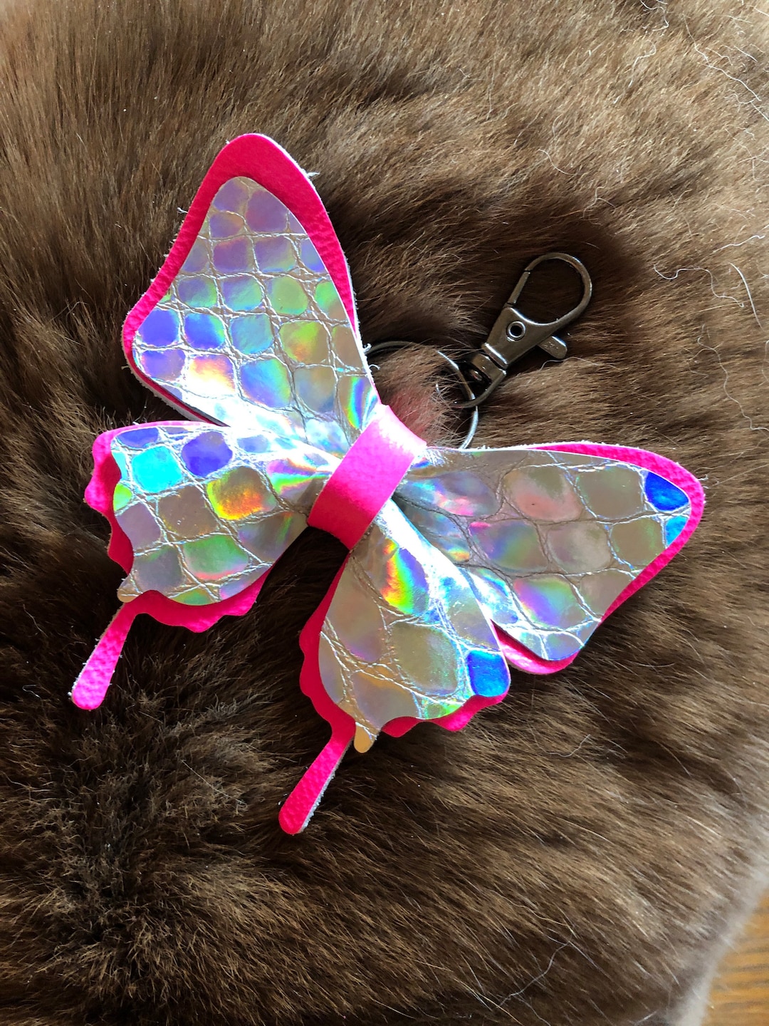 Pink Silver Leather Butterfly Keychain, Butterfly Purse Charm ...