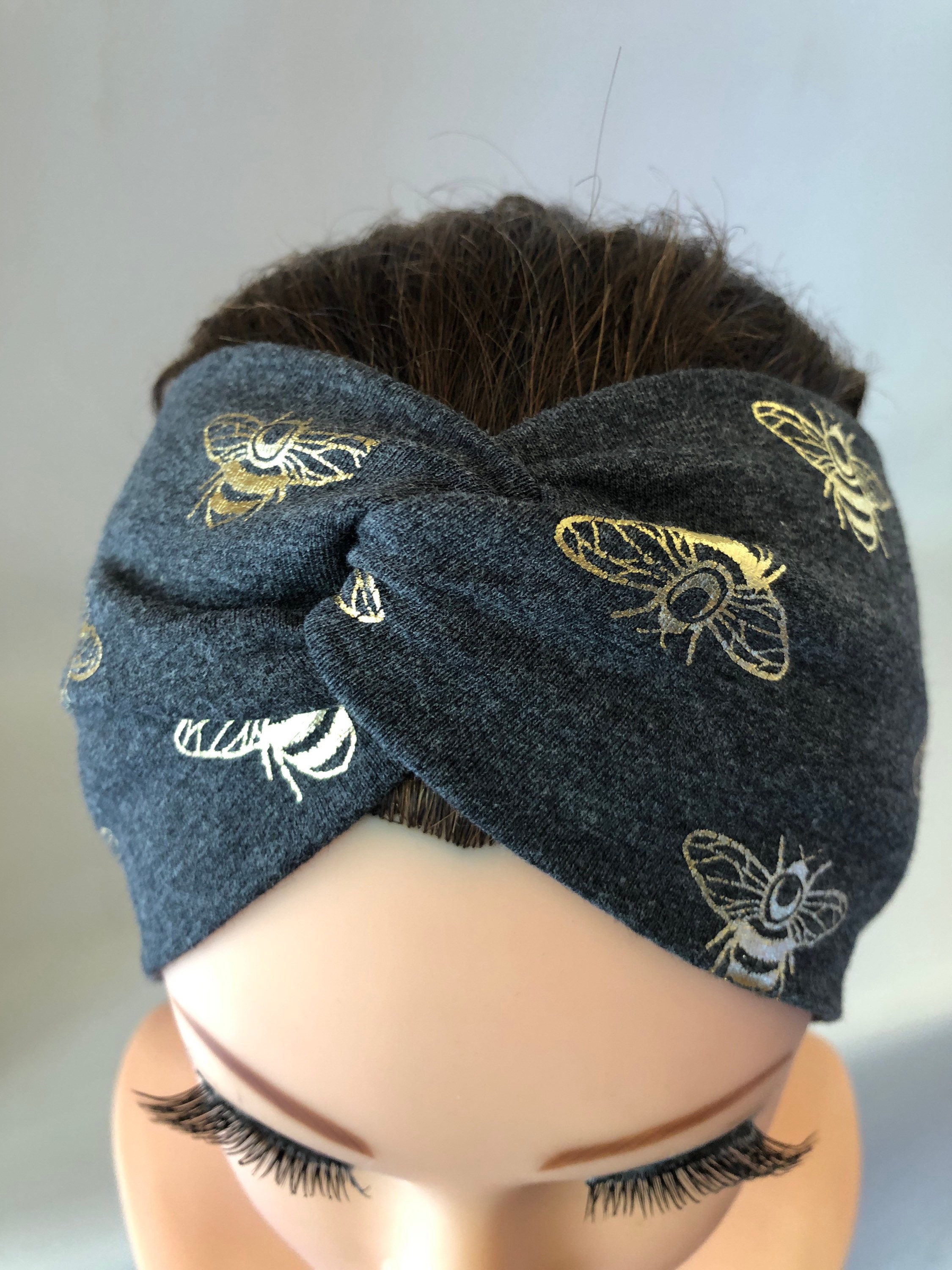 Grey with golden bees Knotted Headband, Turban Headband, Fabric ...
