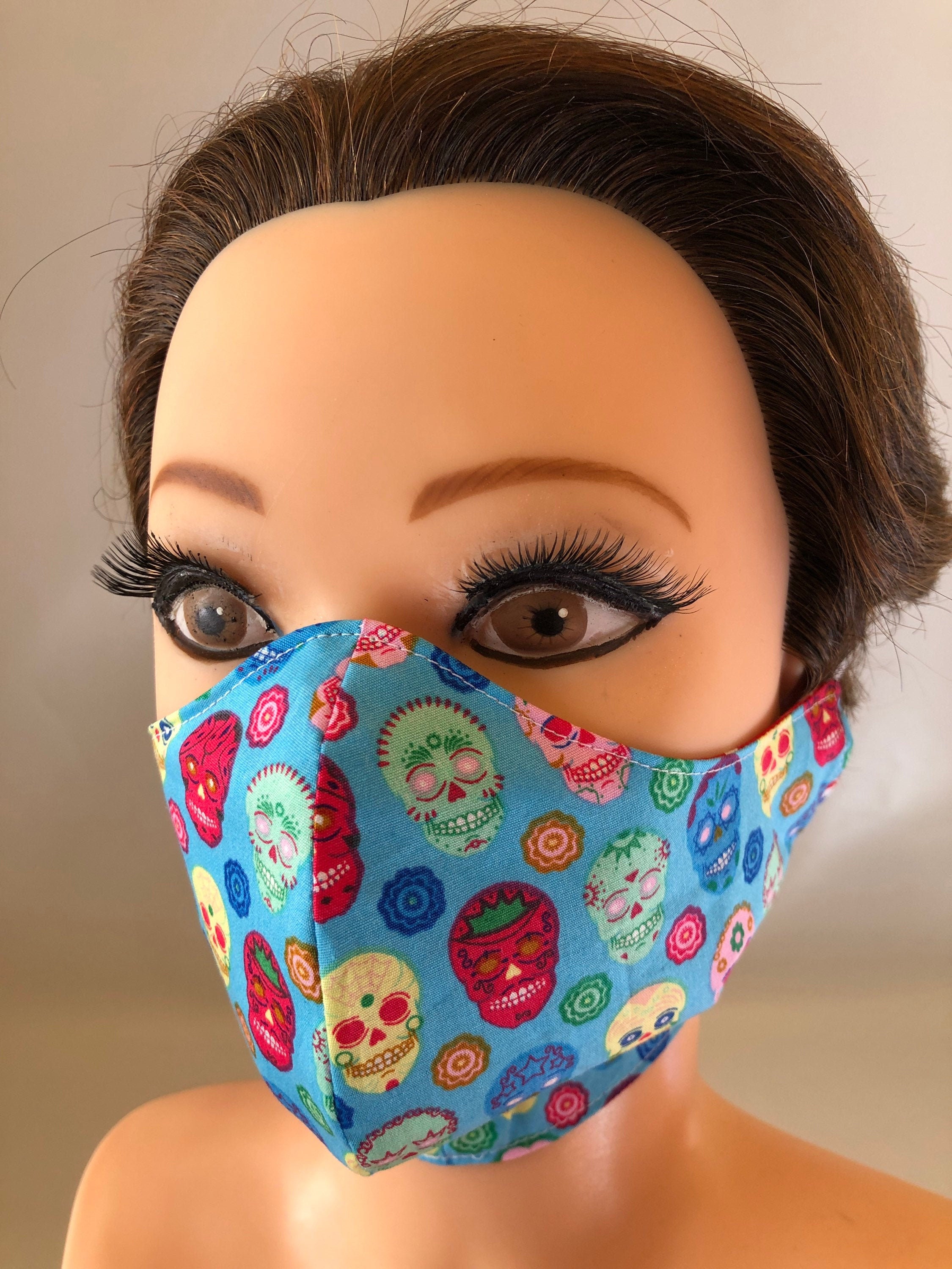 Washable 3 layers, Reversible Cotton Face Mask colorful skulls and red ...