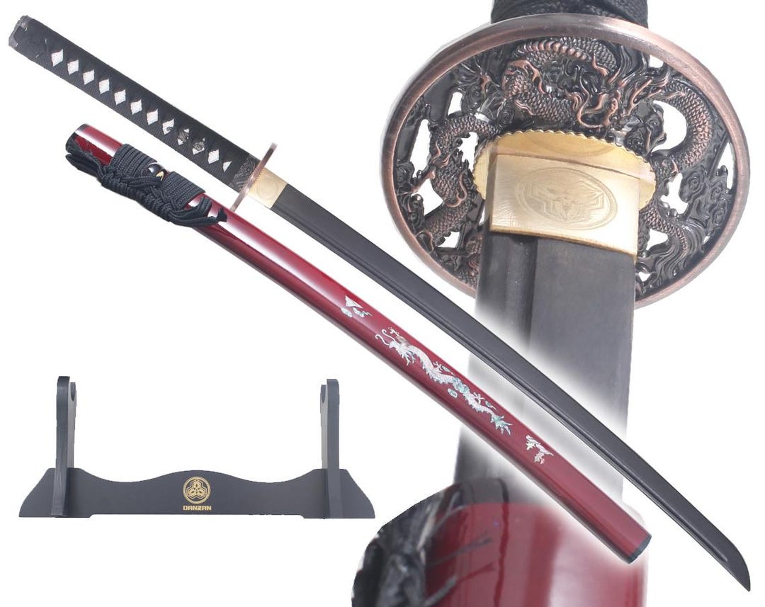 Danzan Wooden Katana Red Dragon Sword Sabre Katana Samurai Black Blade ...