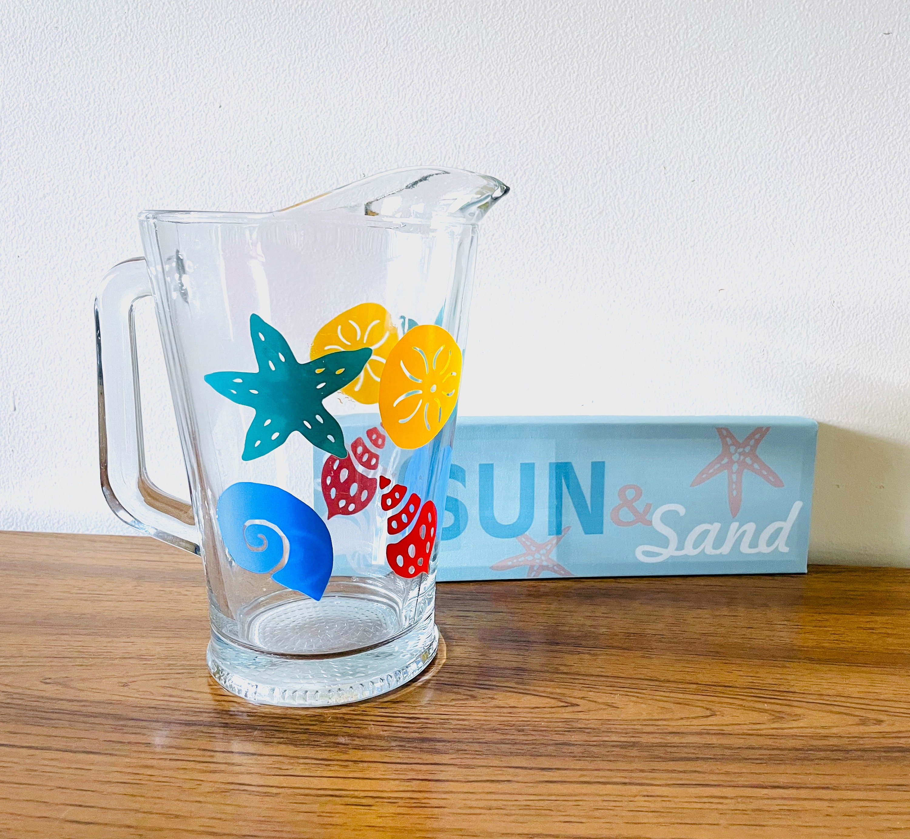 Vintage Beachy Pitcher, Starfish Seashells and Sand Dollar Water Jug ...