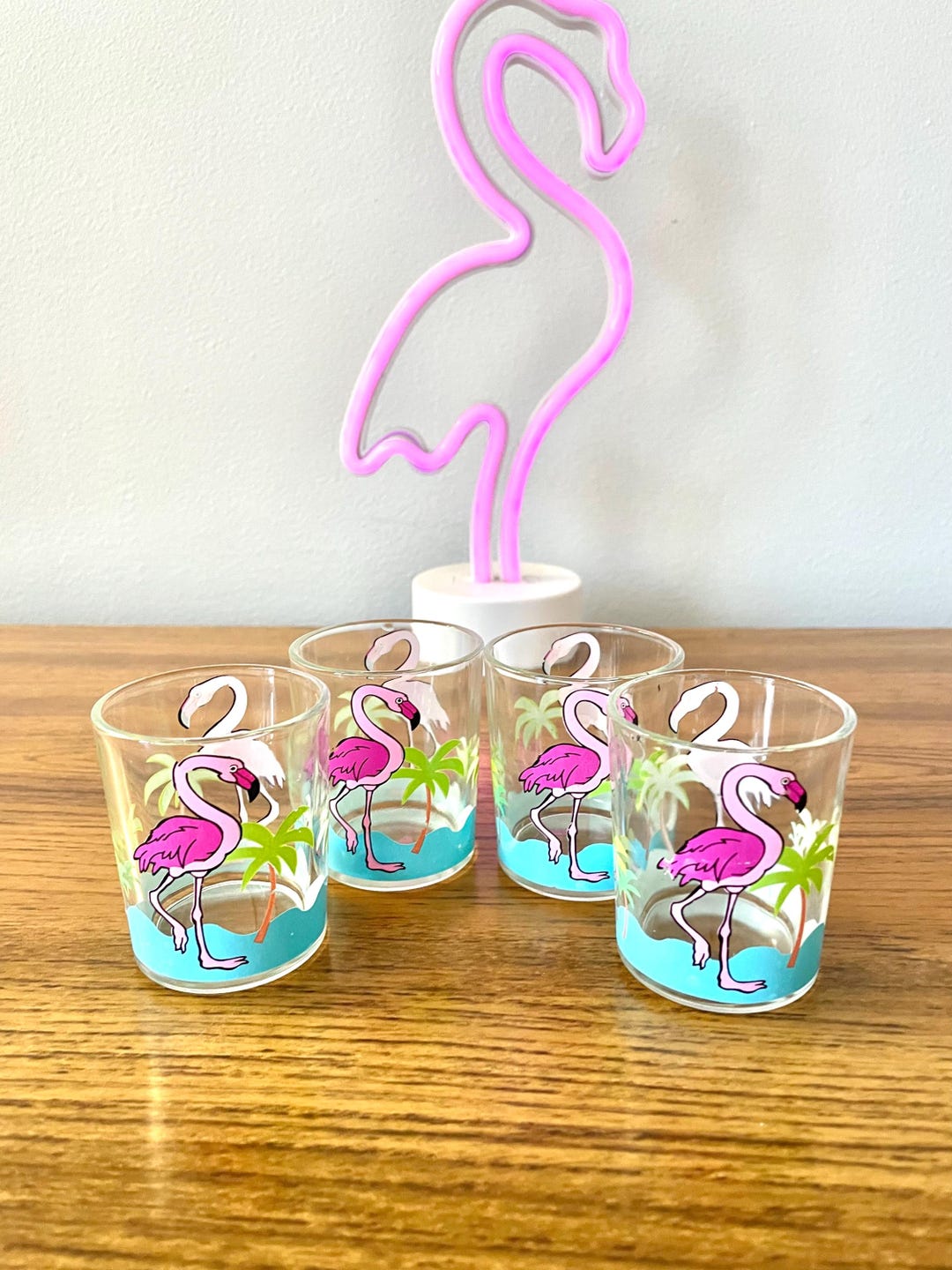 Vintage Flamingo Shot Glasses, 4 Glass Pink Flamingos on the Beach Shot ...