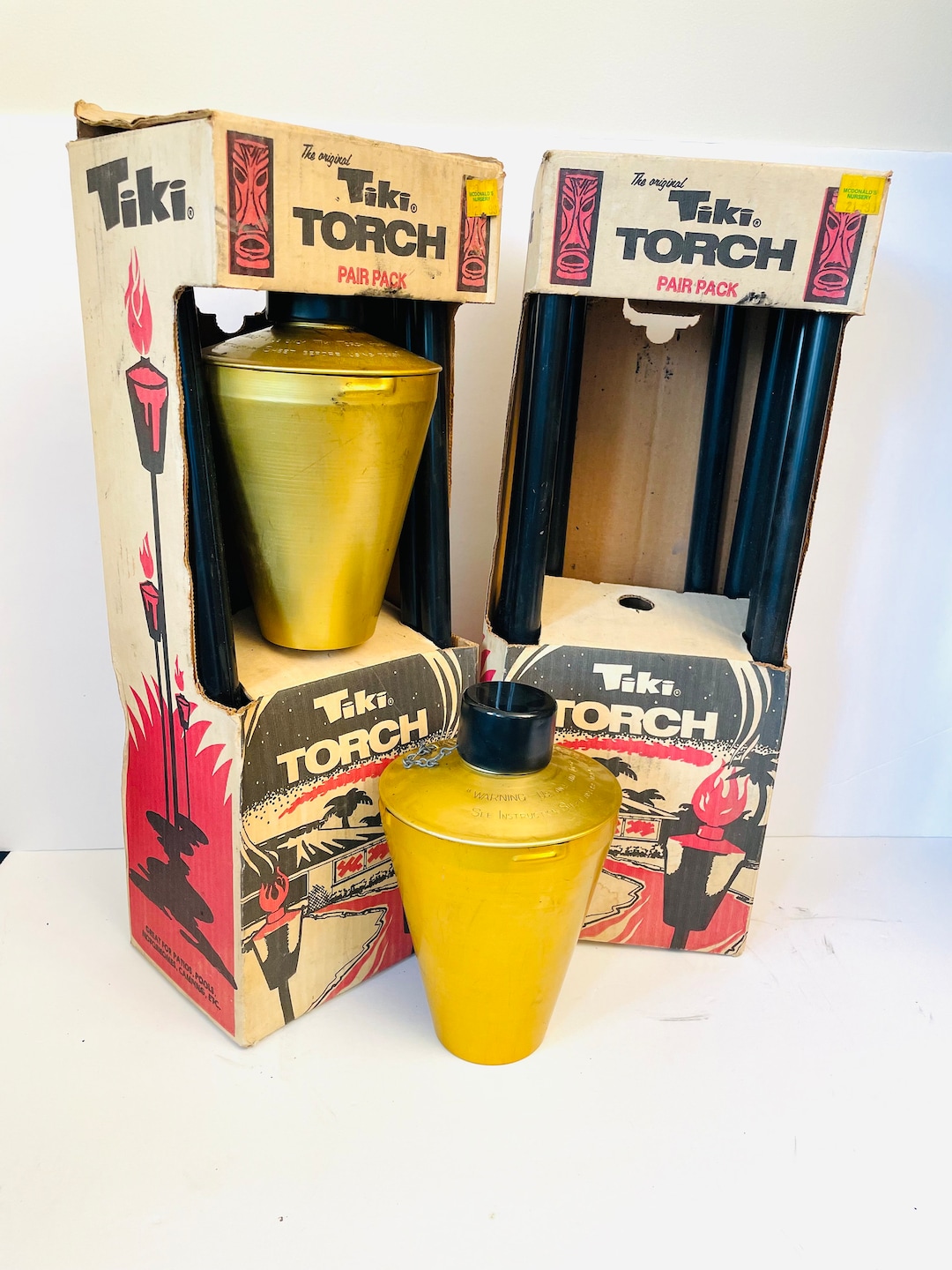 Pair 60's Tiki Torches, 2 Black and Gold Tiki Torches, MCM Anodized ...