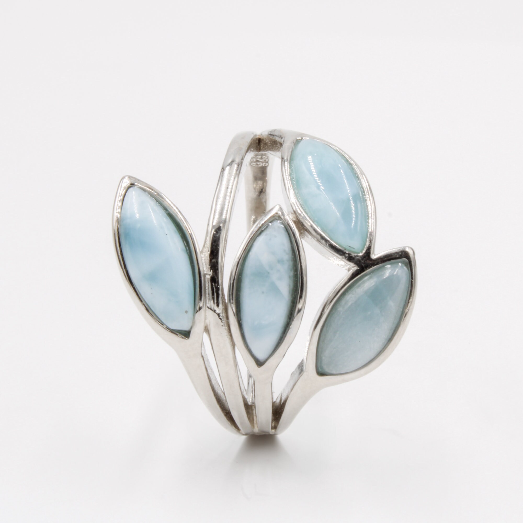 Simple Design Ring for Ladies, Natural Larimar Stone Leaves Cute Silver ...