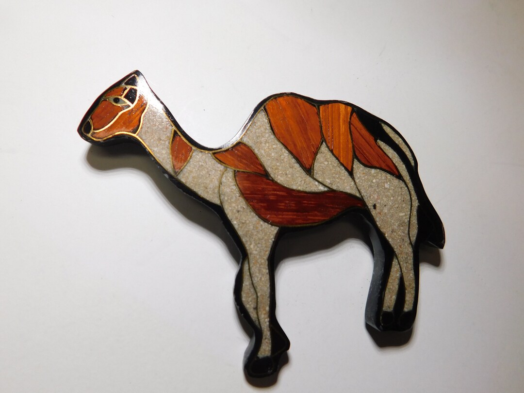 Camel Pin Brooch Cloisonne Crushed Stone and Wood Inlay on Black ...