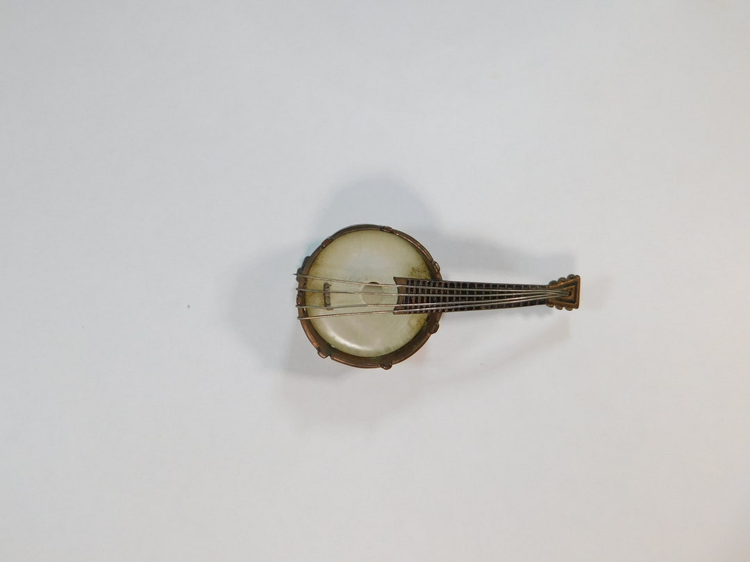 Damascene Banjo Brooch With Faux MOP Signed Spain - Etsy
