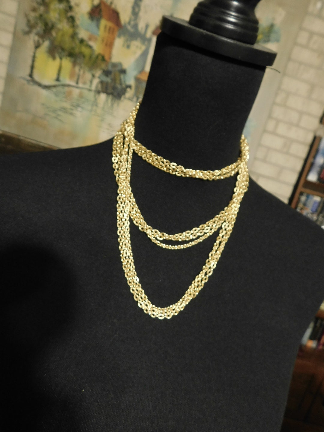 Necklace Long 3 Textured Link Chains Fold Over Clasp Gold Tone Great ...