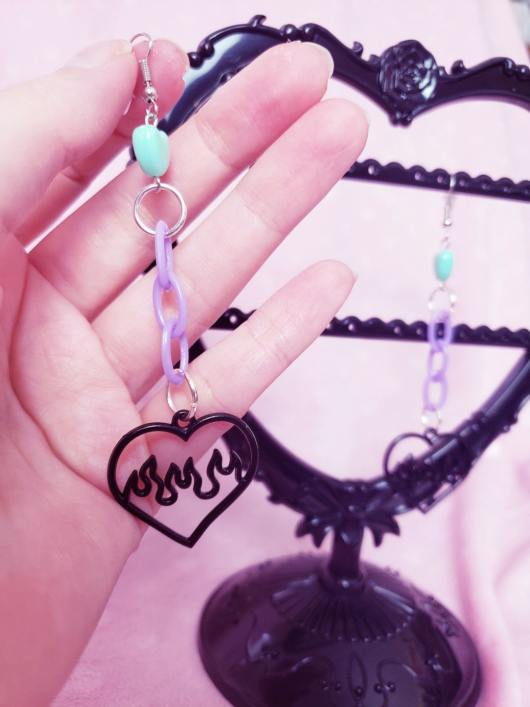 Pastel Purple Mint and Black Fire Heart Dangle Earrings Cosplay ...