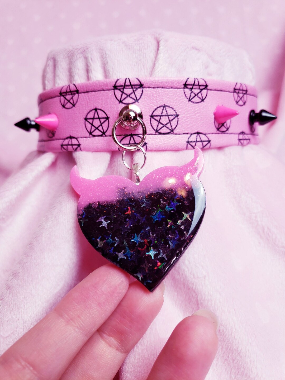Pastel Pink and Black Pentacle Pleather Choker Resin Devil Heart ...