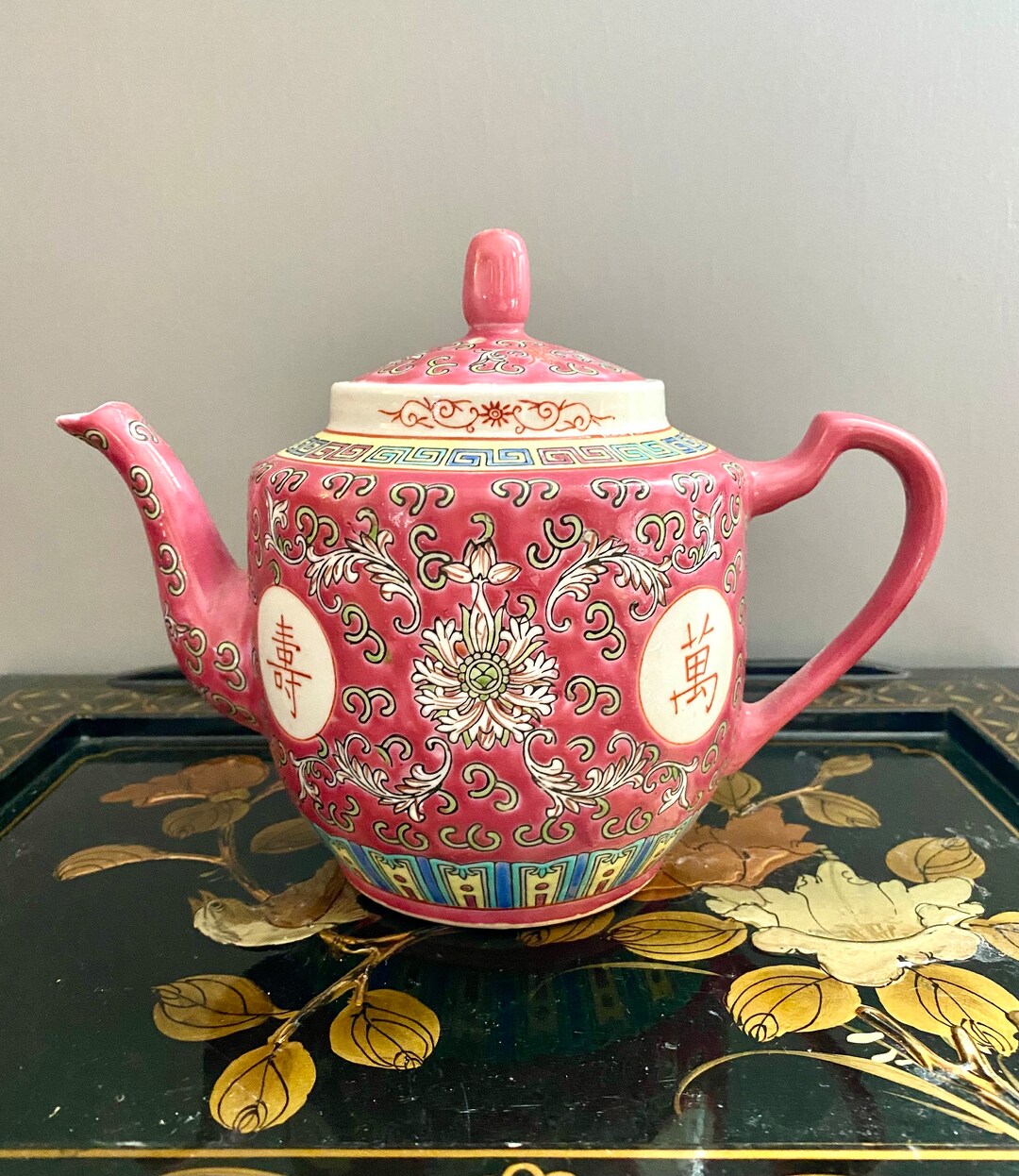 6 Vintage Chinese Porcelain Teapot, Red Mun Shou Longevity Famille Rose ...