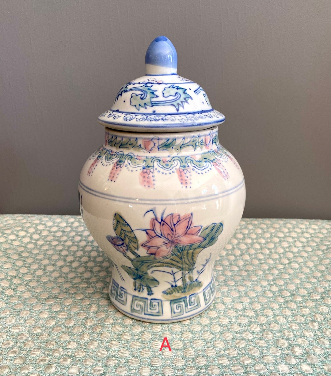 Vintage Chinese 8 Porcelain Ginger Jar Pink Green Floral Birds & Lotus ...