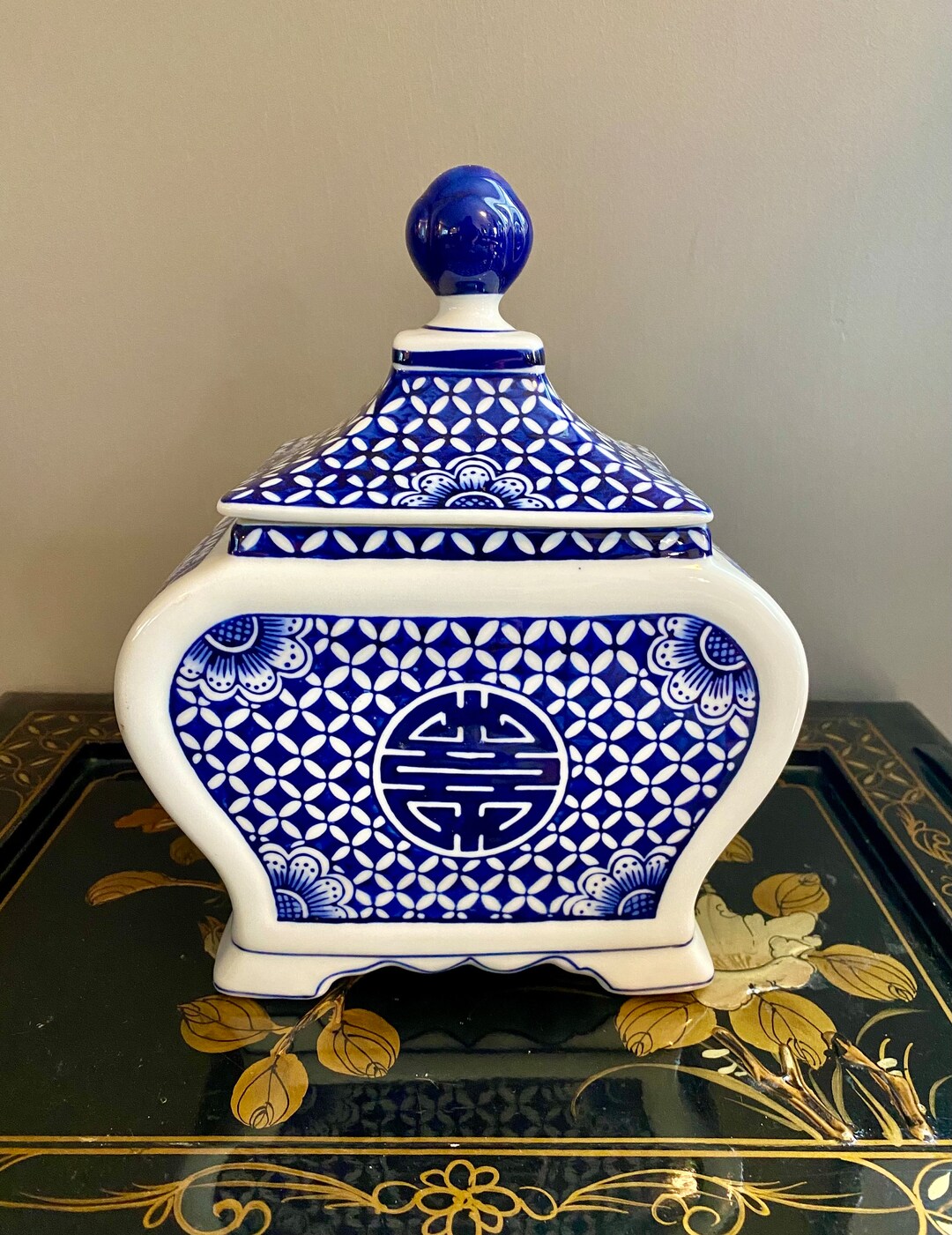 Vintage Bombay Blue and White Porcelain Jar With Lid, Chinese Hand ...