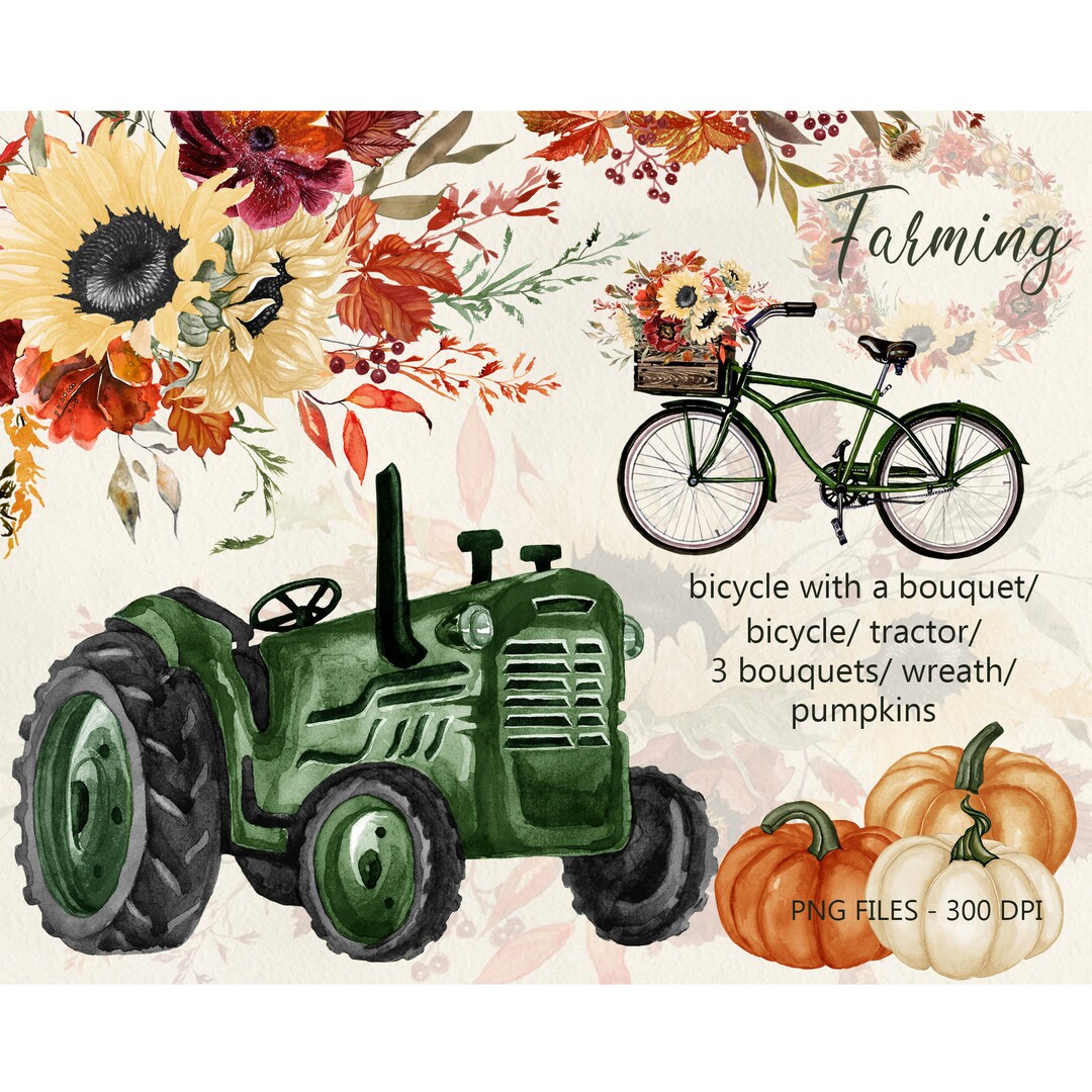 Tractor Watercolor Clipart, Floral Clipart Watercolor, Clipart Autumn ...