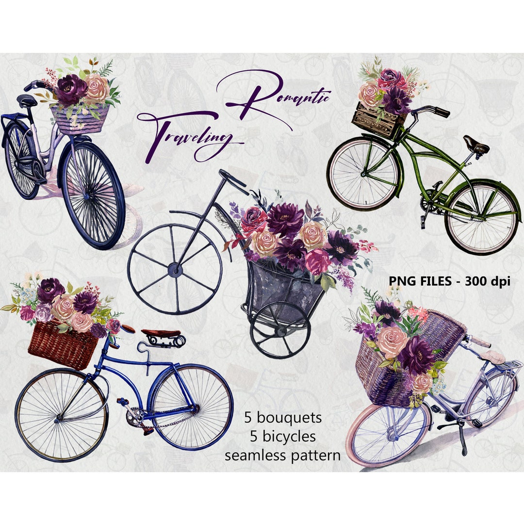 Bicycle Clipart, Vintage Bicycle, Clipart Flower Watercolor, Clipart ...