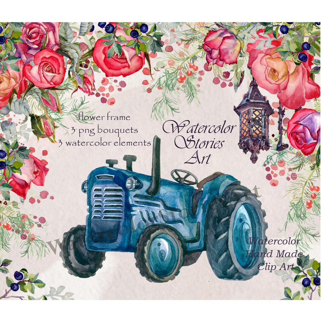 Tractor Clipart, Red Floral Clipart, Farm Clipart, Tractor Clip Art ...