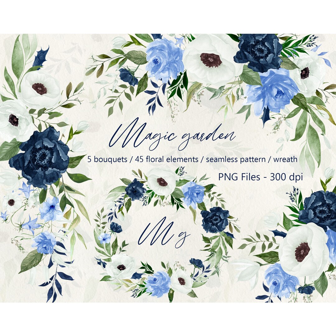 Flower Clipart, Blue Flowers, Watercolor Flowers, Botanical Clipart ...