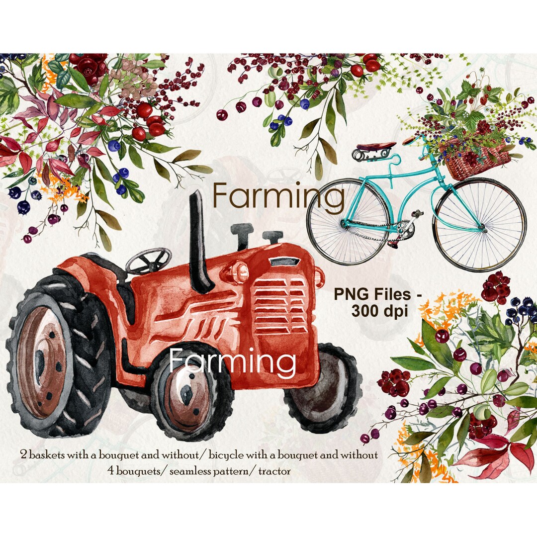Botanical Clipart, Tractor Watercolor Clipart, Floral Clipart ...
