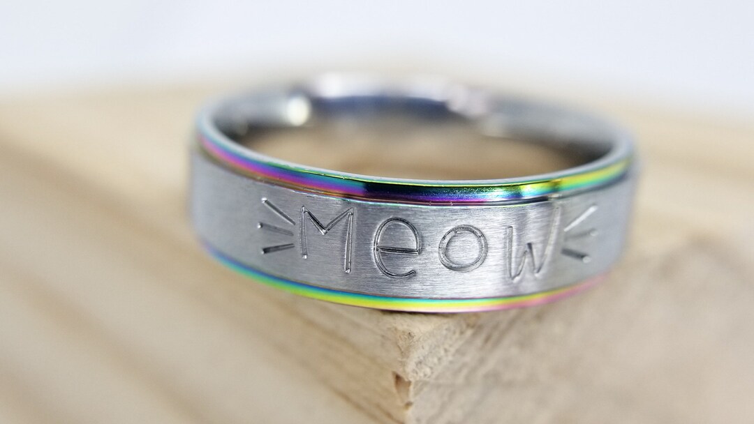 MEOW Ring | Silver & Rainbow Stainless Steel | Personalize Jewelry Cat ...