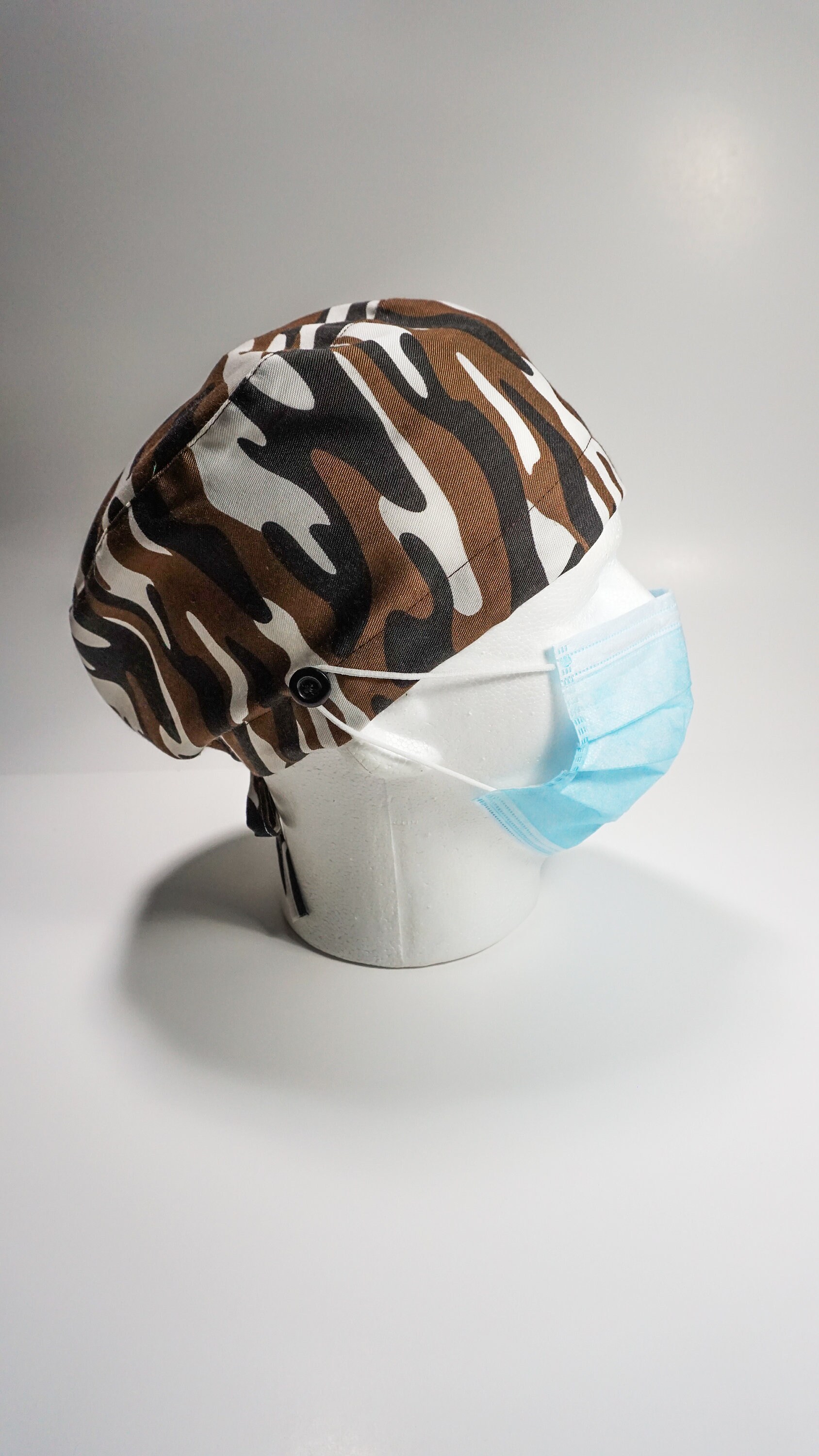 Washable Surgical Cap 100% Cotton Cow Camo With Facemask Buttons ( Cook ...