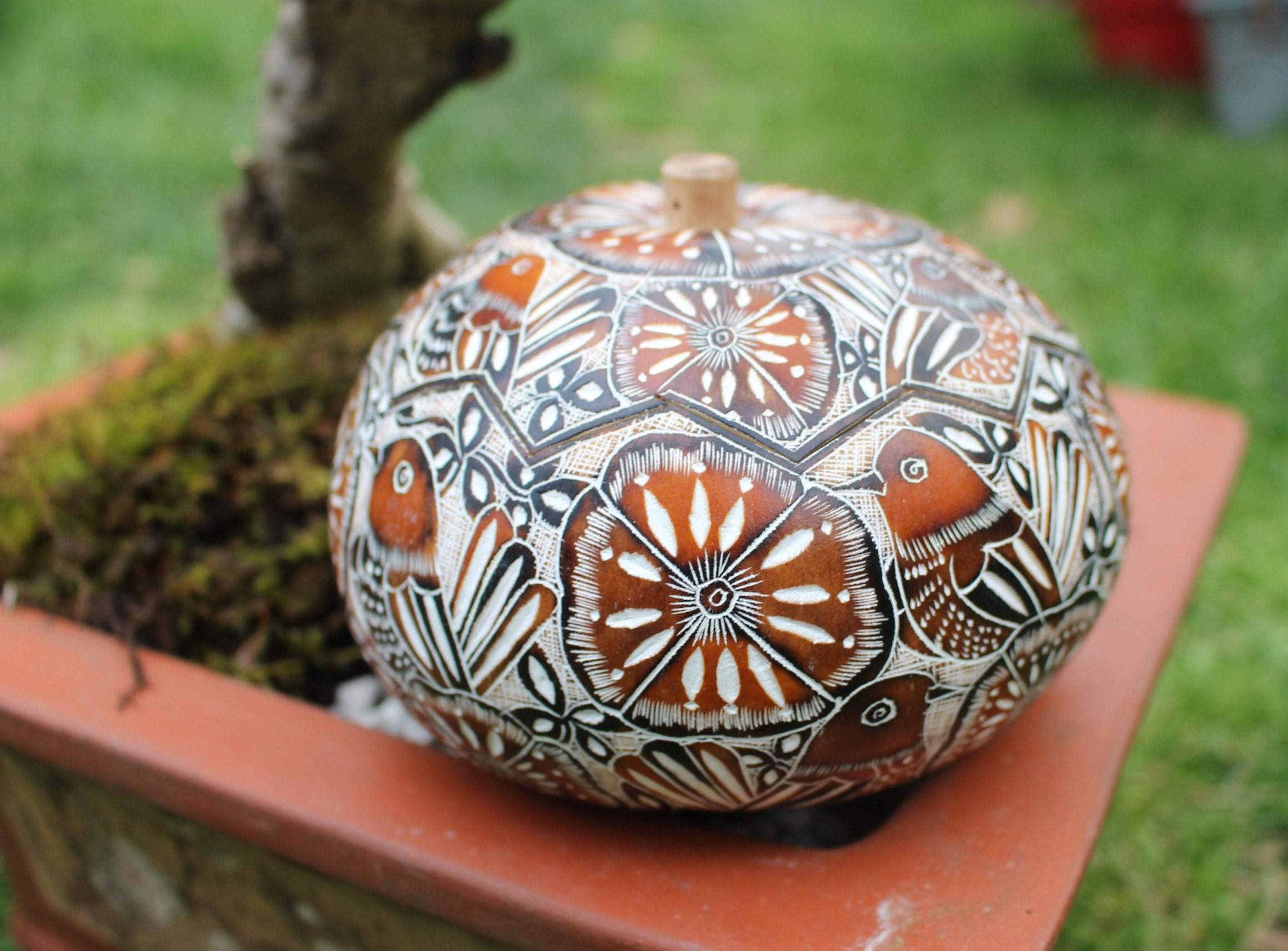Peruvian Hand-carved Big Trinket Box Gourd Decoration Spring Theme ...