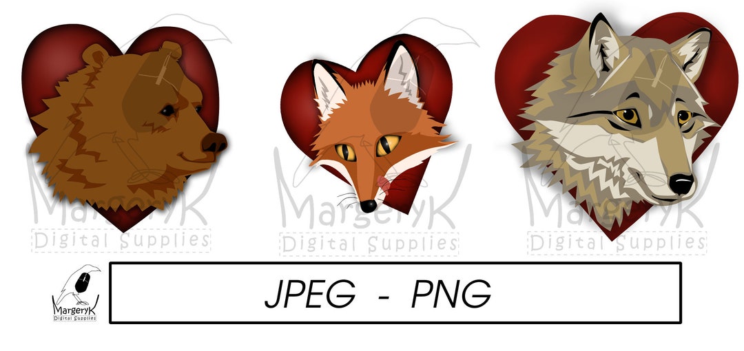 Love Theme Forest Animals Clip Art, Fox Bear Wolf Heart PNG JPEG - Etsy ...