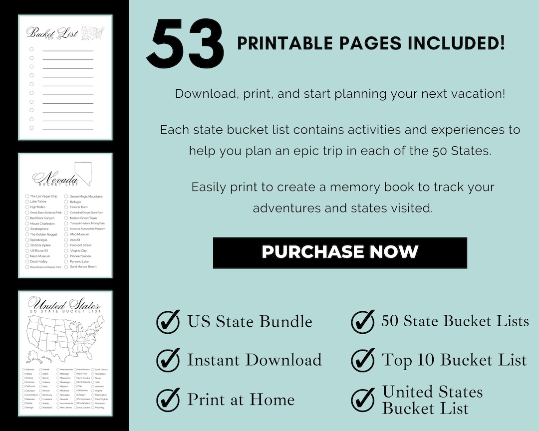 50 State Bucket List Printable: Explore the United States | Instant ...