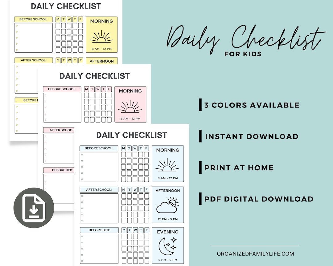 Daily Checklist for Kids Printable | Daily School and Routine Checklist ...