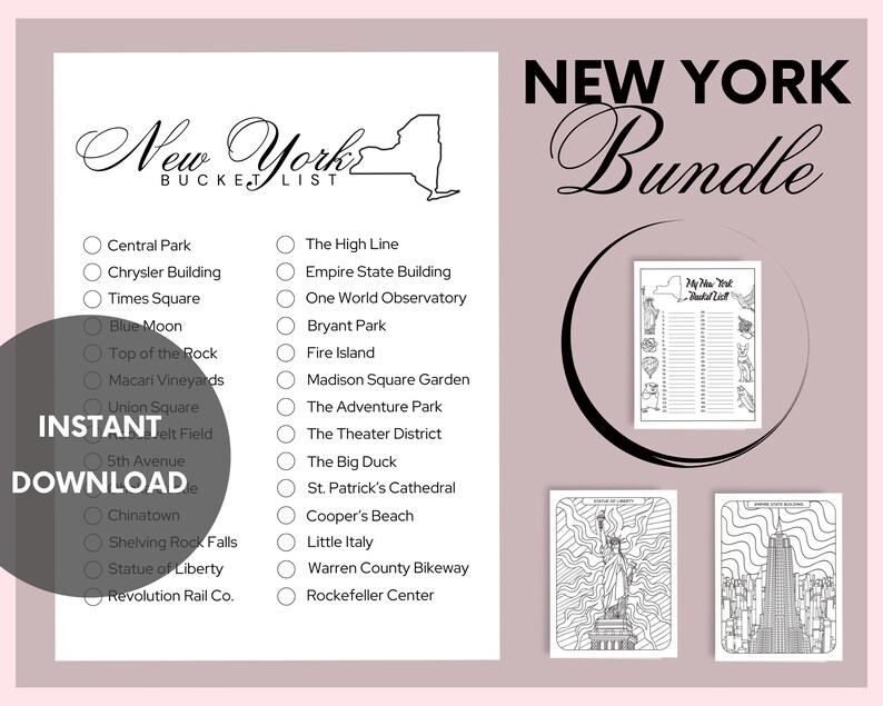 New York State Bucket List and Coloring Printable Bundle | NY Bucket ...