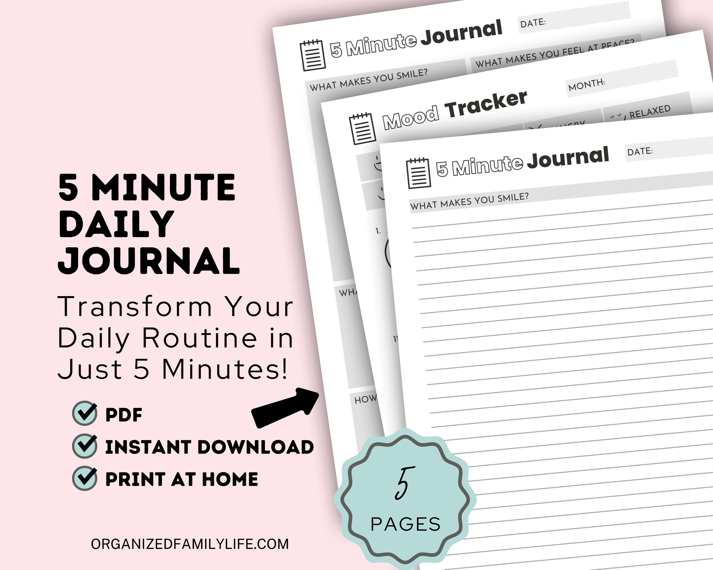 5 Minute Daily Journaling Printable Pages | Daily Reflection | Mood ...