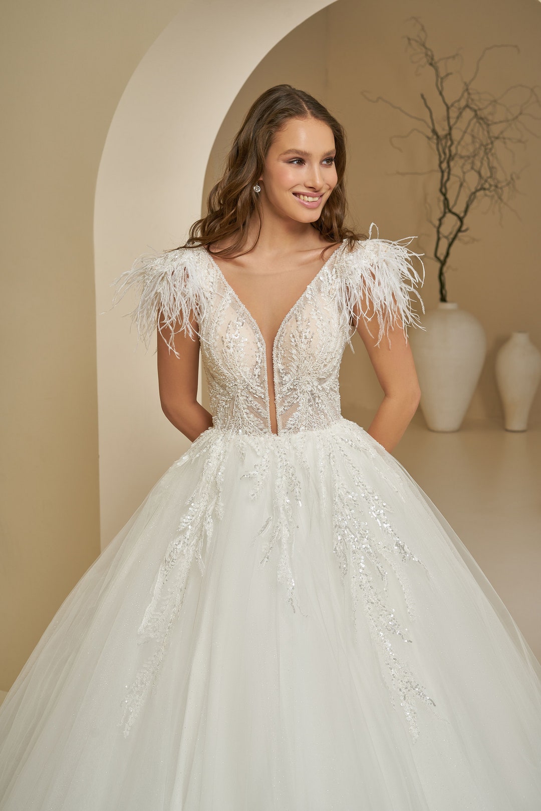 Luxury Princess Bridal Dress, Fairytale Wedding Dress, Feather ...