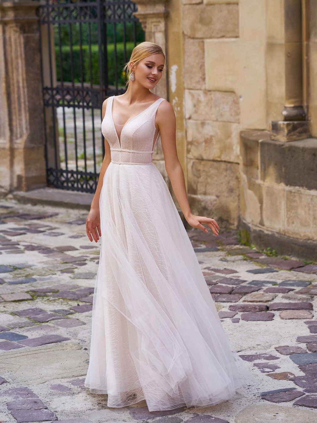 Ivory Shimmering Wedding Dress, Open Top Dress With Straps, Beaded ...