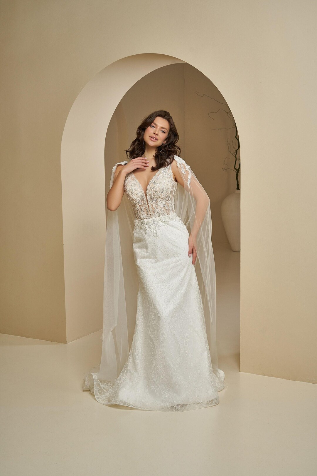 Statement Mermaid Wedding Dress, Sparkly Wedding Dress With Cape, Fully ...