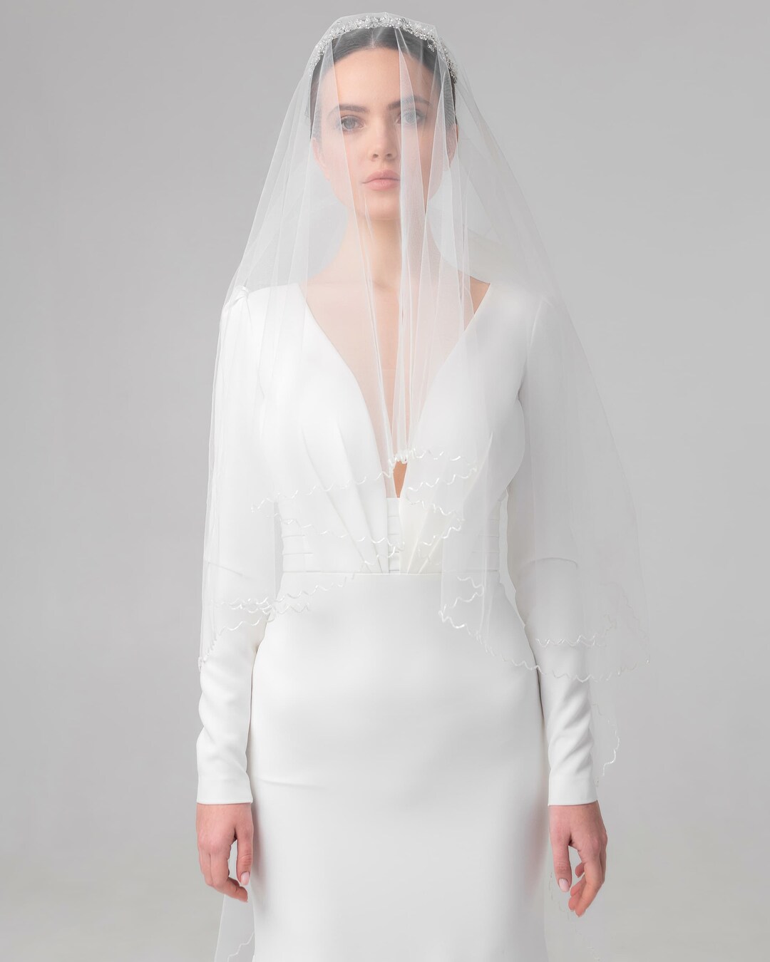 Long Beaded Wedding Veil, Cathedral Bridal Veil, Custom Ivory Wedding ...