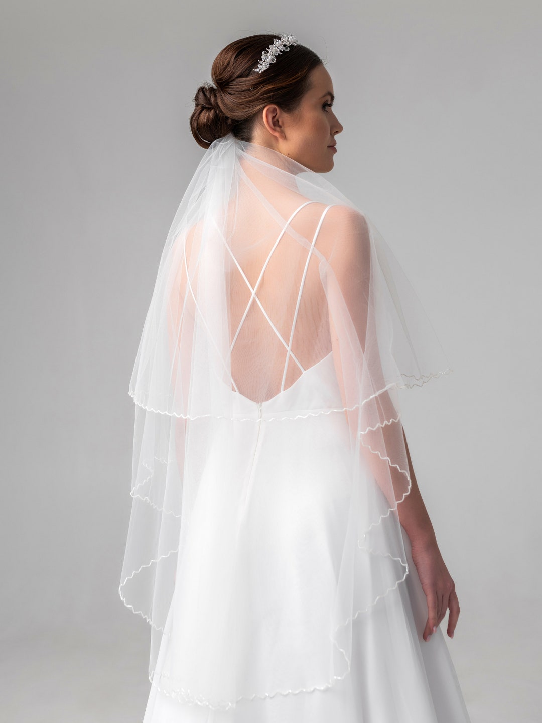 Beaded Wedding Veil, Edge Bead Veil, White Bridal Veil, Soft Tulle Veil ...