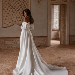 Elegant Satin Mermaid Wedding Dress, Draped Off-shoulder Bridal Gown, Long Sleeves Wedding Dress ...