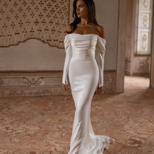 Elegant Satin Mermaid Wedding Dress, Draped Off-shoulder Bridal Gown, Long Sleeves Wedding Dress ...