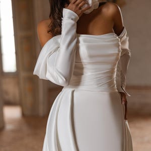 Elegant Satin Mermaid Wedding Dress, Draped Off-shoulder Bridal Gown, Long Sleeves Wedding Dress ...
