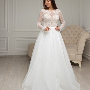Beaded Elegant Wedding Dress Witn Long Sleeves, Closed A-line Bridal ...