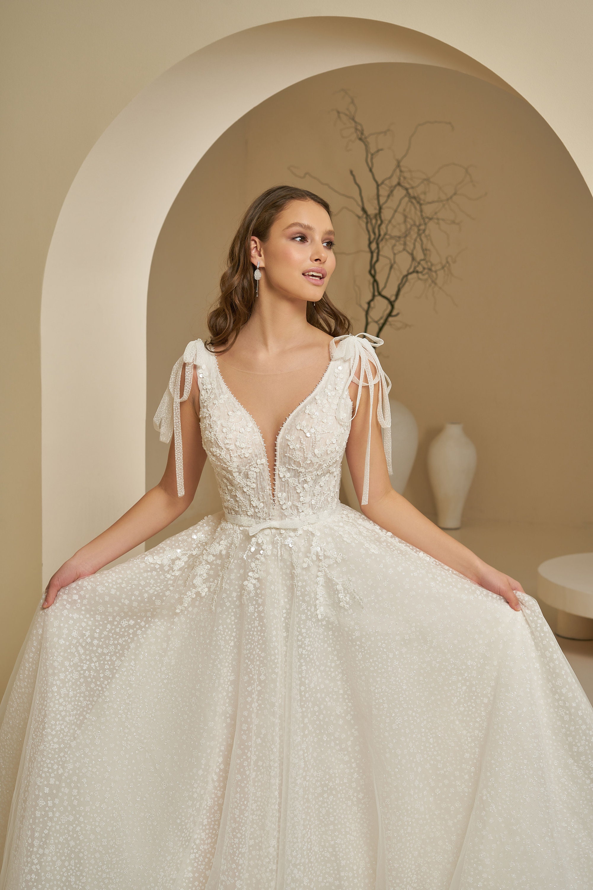 Backless Flowy Wedding Dress With Transparent Train Shiny - Etsy