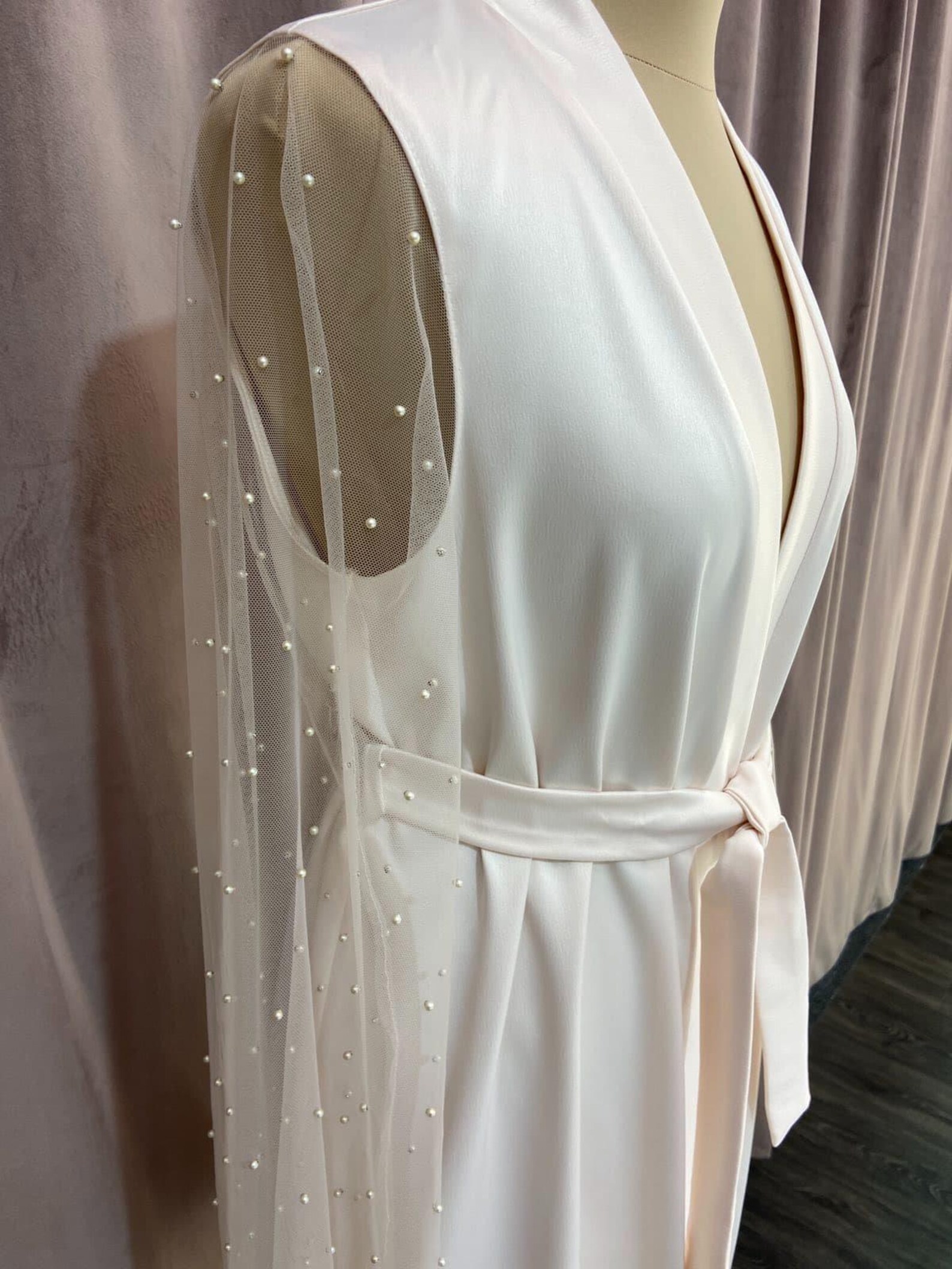 Midi Peignoir for Bridal, Peignoir With Long Sleeves Decorated Pearls ...