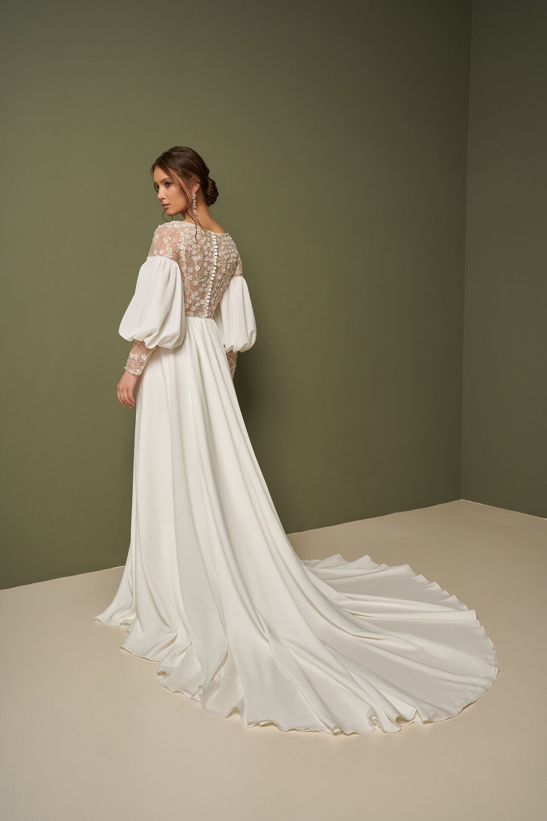 Chiffon Closed Back Wedding Dress, Beaded Bridal Dress, Bridal Gown ...