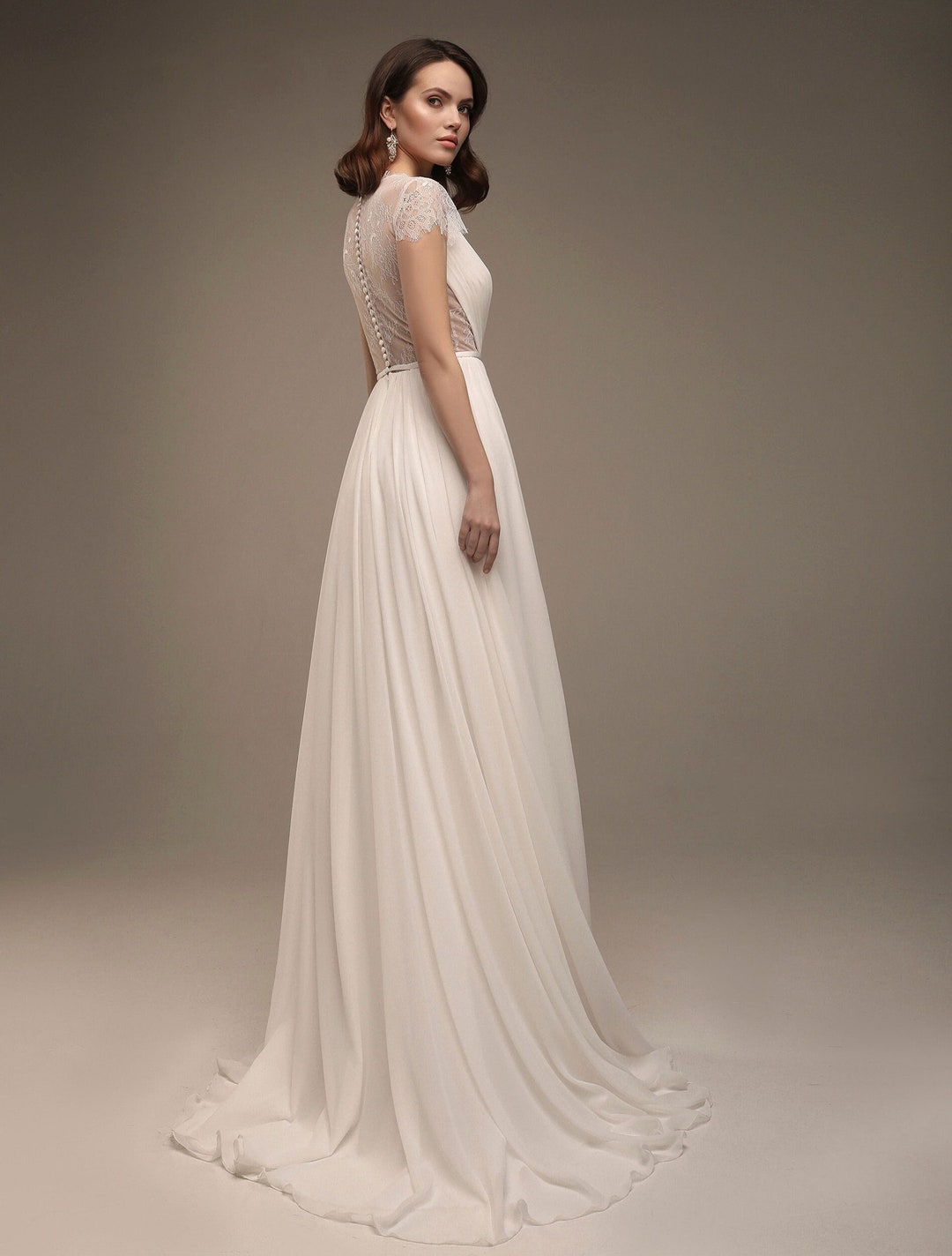 Greek Style Bridal Dress, Short Lace Sleeves, Semi-transparent Back ...