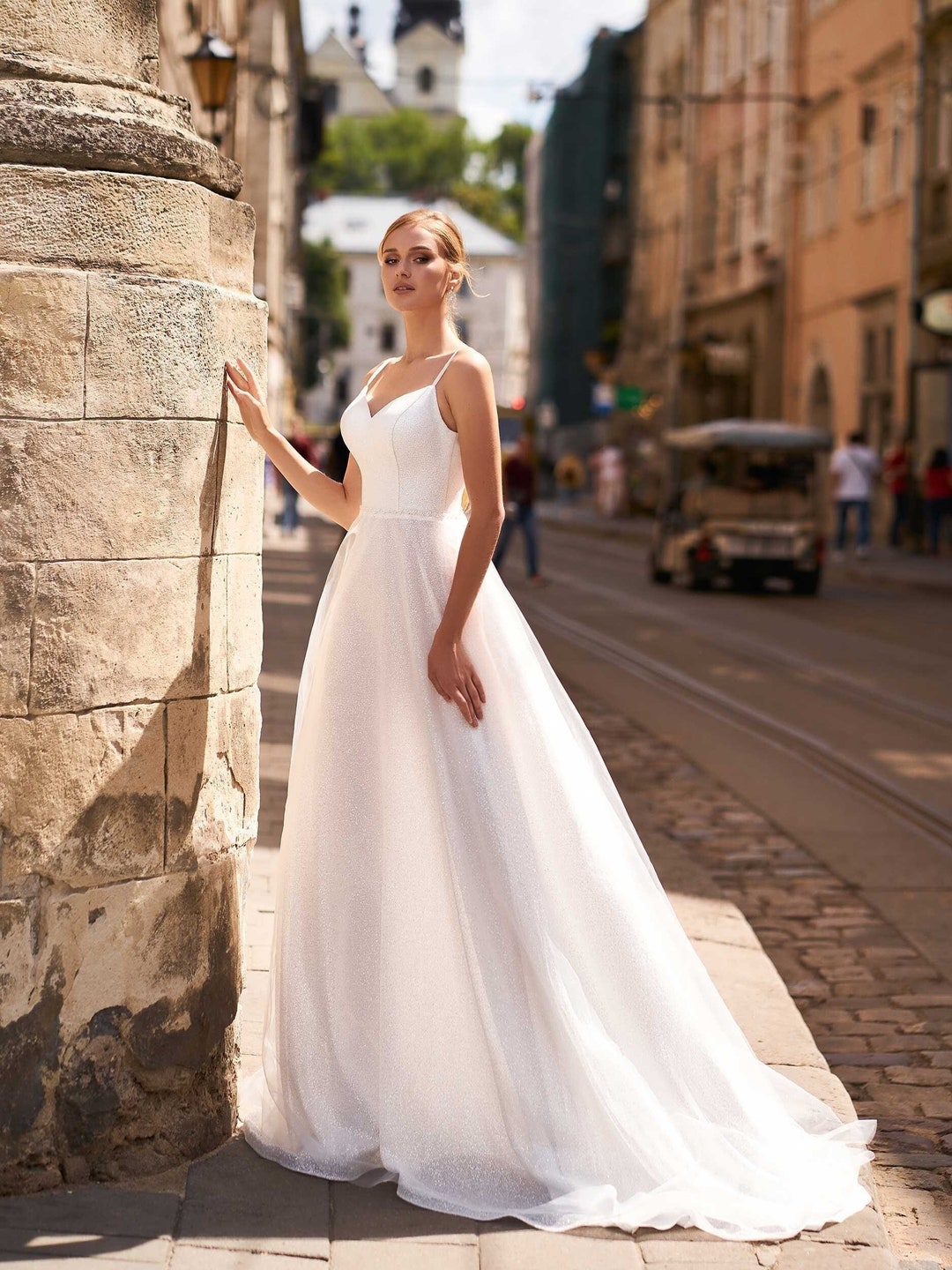 Simple Shimmer Wedding Dress, A-line Wedding Dress, Minimalist Open ...