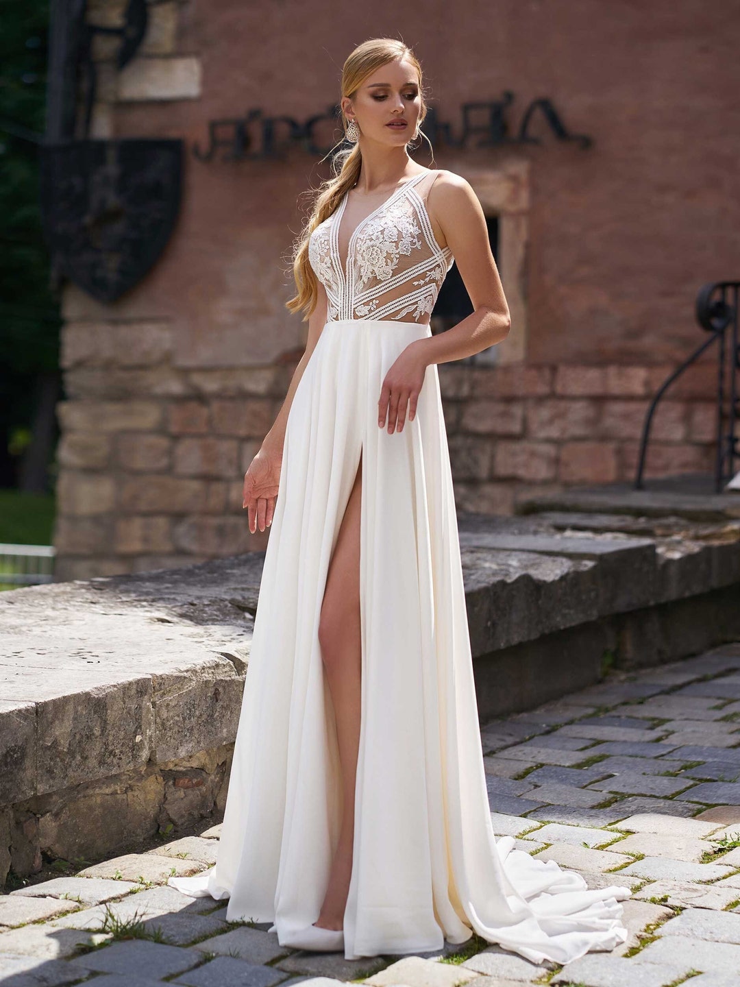 Elopement Bridal Gown Flowing Wedding Dress With Slit Chiffon Bridal ...