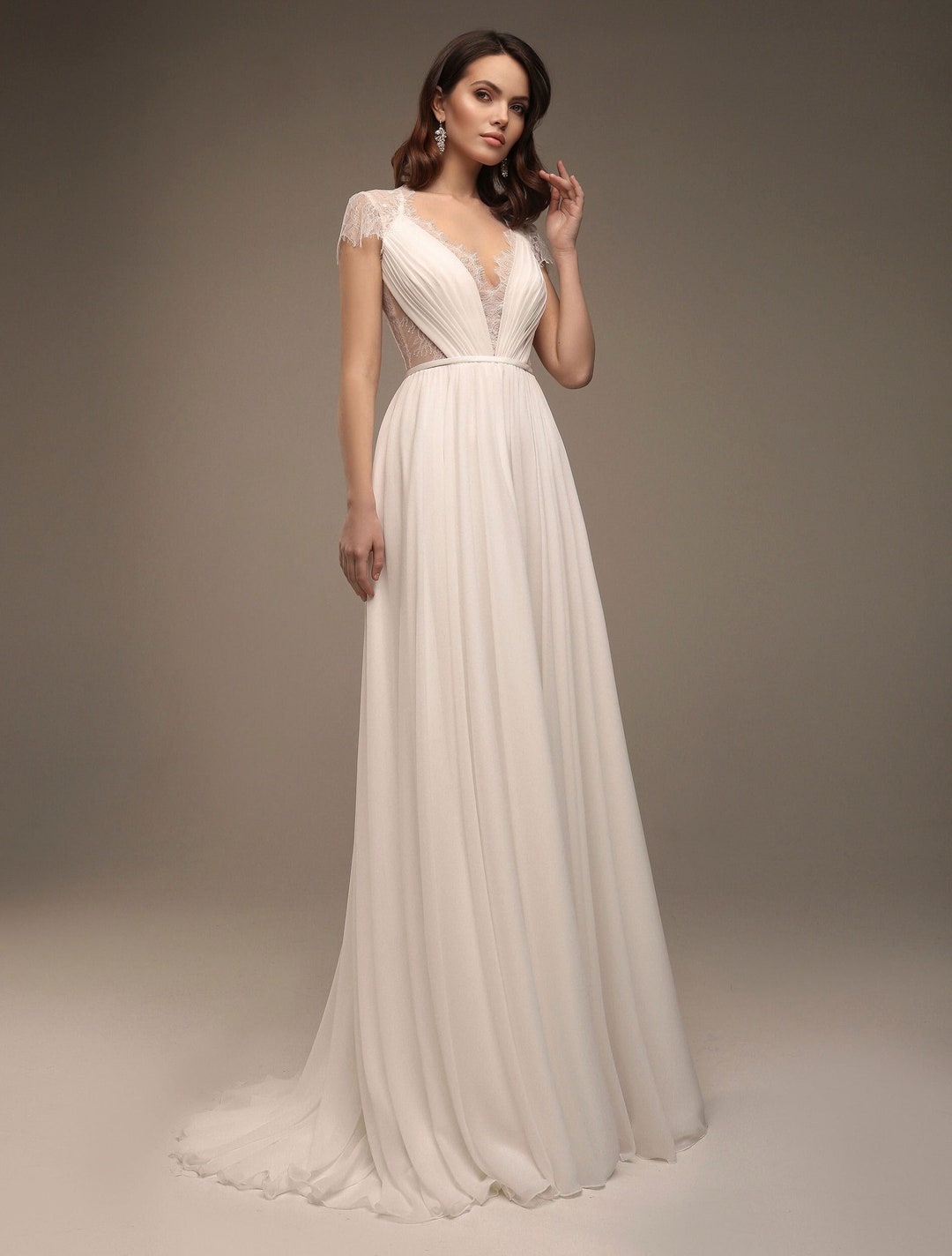 Greek Style Bridal Dress, Short Lace Sleeves, Semi-transparent Back ...